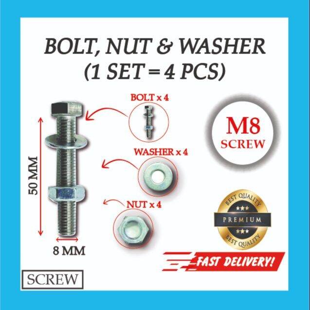 M8 X 50MM GR88 HIGH TENSILE HEXAGON BOLT, HEX NUT & WASHER - ZINC PLATED (CLASS8) | Lazada