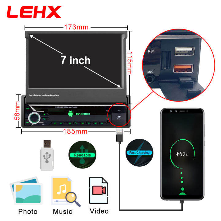 Lehx L6 1 DIN Android 11 Auto Universal รถวิทยุ7 "QLED Retractable หน้าจอเครื่องเล่นมัลติมีเดีย ...