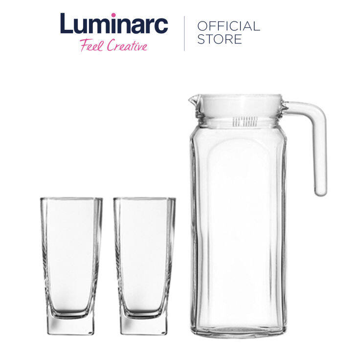 Luminarc 3pc Fridge Sterling Water Set Jug Pitcher Glass Tumbler Set ...
