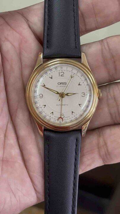 ORIS 17 jewels Automatic เรือนทองเข็มชี้วันที่ก้ามปู กันน้ำได้ ขนาดตัวเรือน 34.5 มม สินค้ารับ ...
