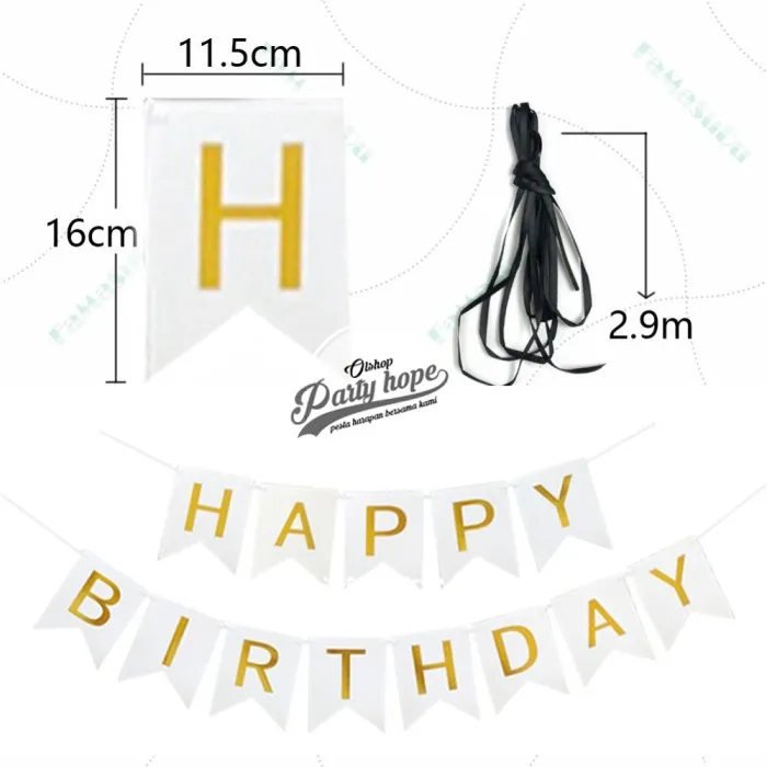 Banner happy birthday PUTIH bunting flag ultah PUTIH polos huruf gold ...