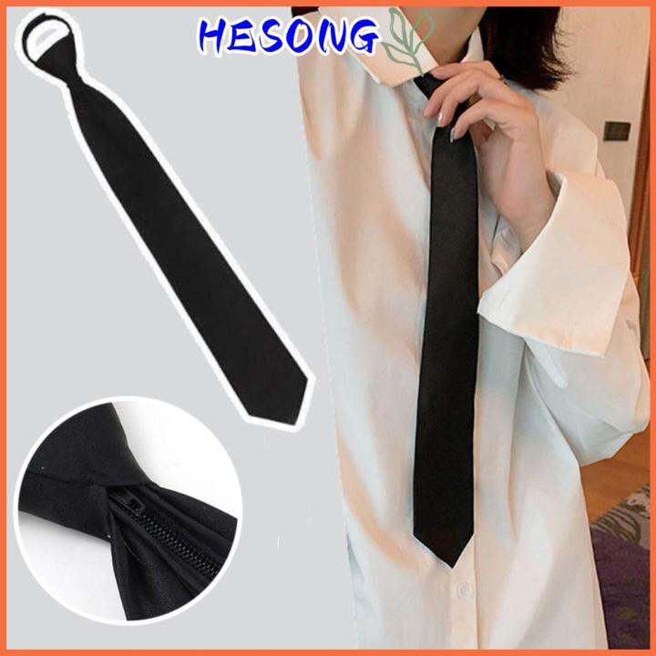 HESONG Unisex Uniform Black Tie Clip on Simple Lazy Neck Ties Matte Suit Zipper Neckties Men ...