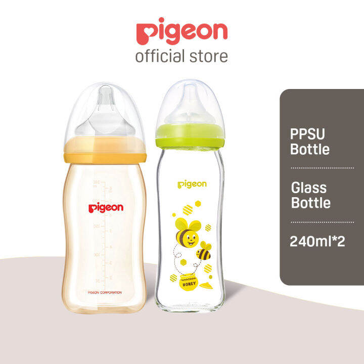 [Combo] Pigeon Wide Neck PPSU Nursing Bottle 240ml + Wide Neck Glass Nursing Bottle 240ml (Bee ...