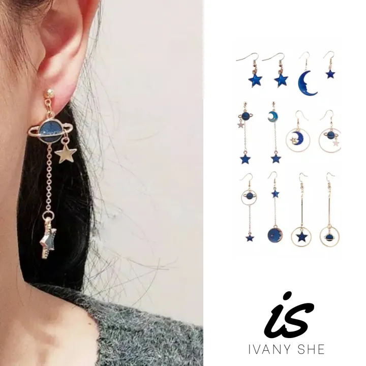 Anting Tusuk Asimetris Motif Langit bintang Warna Biru Ala Korea untuk Wanita Earrings Fashion ...