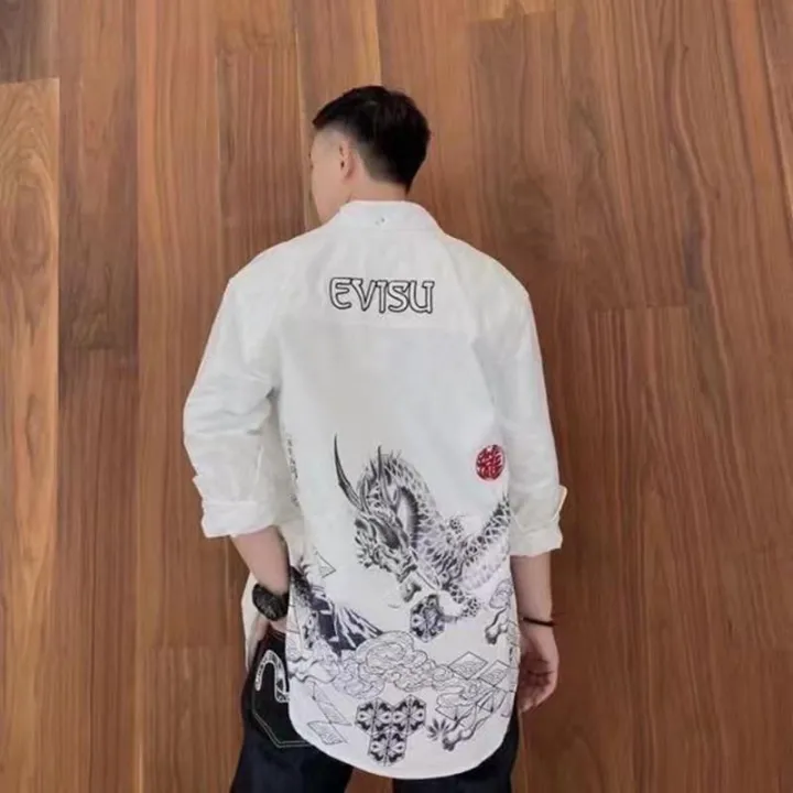 MUGE Evisu 2022 เสื้อเชิ้ตแขนยาวพิมพ์ลายมังกร King and Mount Fuji | Lazada.co.th