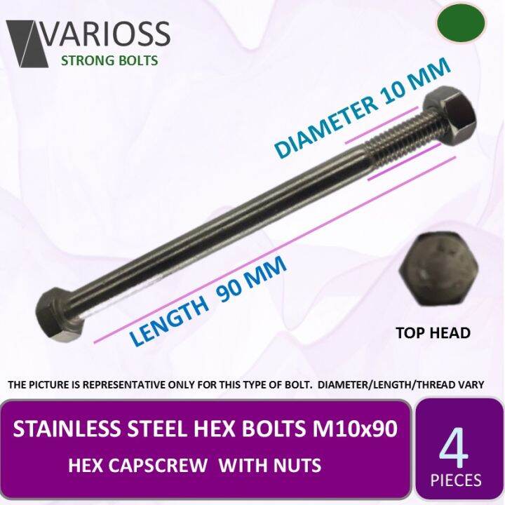 SS Hex Bolts M10X90 mm - 4 pcs, 10 mm diameter x 90 mm length ...