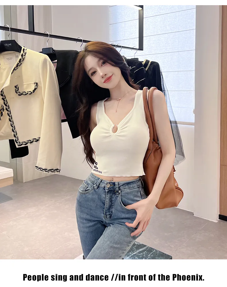 Sexy Hot Girl V Neck Brace Vest Womens Design Letter Slim Fit Short Outer Wear Inner Tight