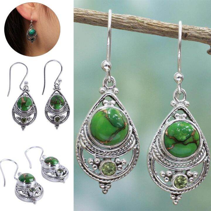 JAYQQ ผู้หญิงห้อย Boho วินเทจสีเขียวขุ่นต่างหู925ตะขอเงินพลอยธรรมชาติ | Lazada.co.th