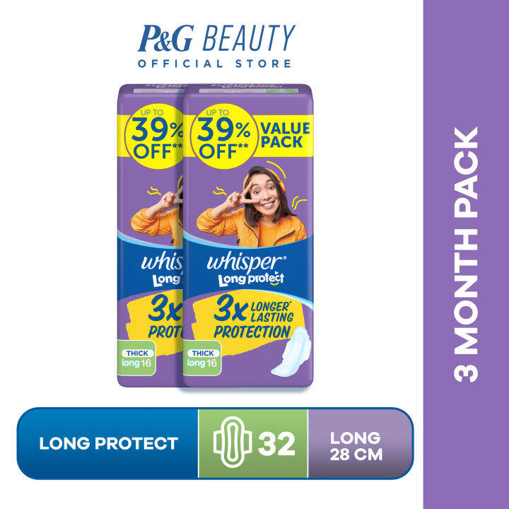 [3 MONTH PACK] Whisper Long Protect Sanitary Napkin with Wings (16 pads ...
