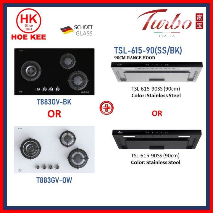 (BUNDLE) TURBO INCANTO T883GV (BK/OW) 3-BURNER 88CM GLASS COOKER HOB + TURBO INCANTO TSL-615-90 ...