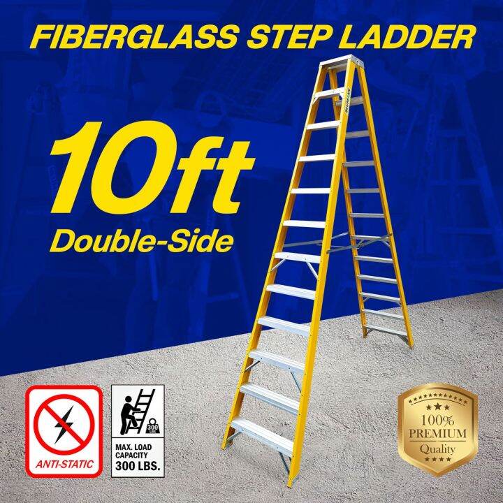 NEUMANN YELLOW FIBERGLASS LADDER (DOUBLE SIDE) 12 STEP 300lbs 10FT ...
