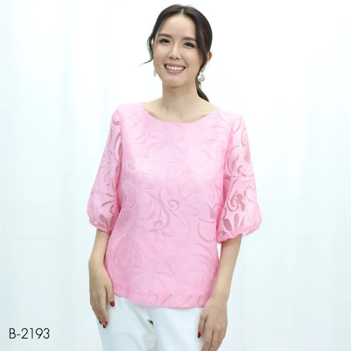 MIKIKO Blouse MI-B2193 เบิร์นเอ้าท์ แขนยาว IGPU22-2 | Lazada.co.th