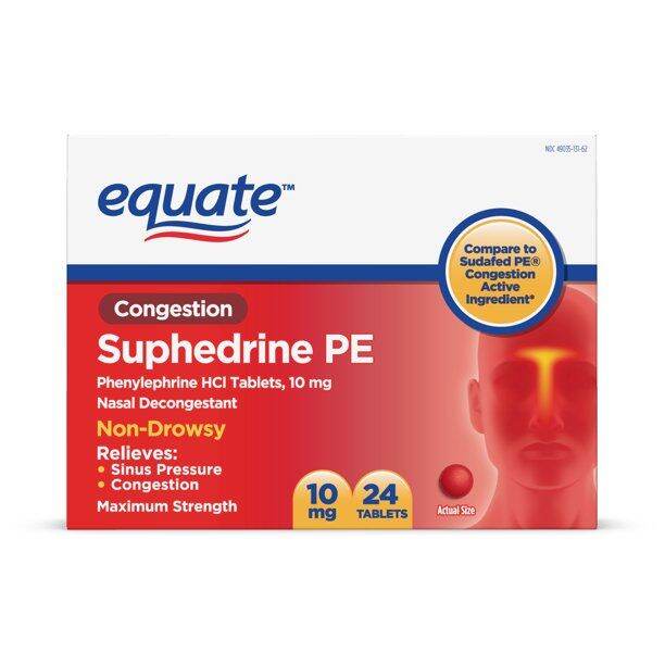 Equate Maximum Strength Nasal Decongestant PE 10mg Non-Drowsy, 24 ...