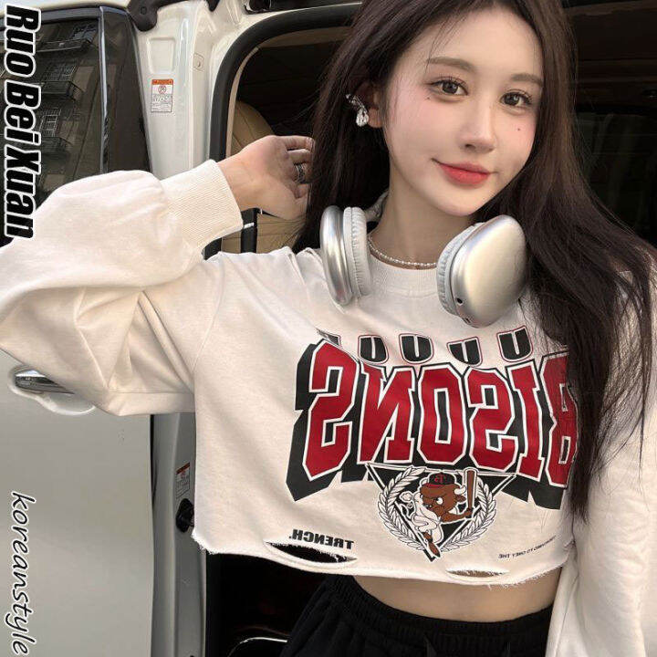 Ruo Bei Xuan เสื้อสเวตเตอร์แบบสวมหัวสำหรับผู้หญิง,เสื้อครอปเอวลอยเสื้อ ...