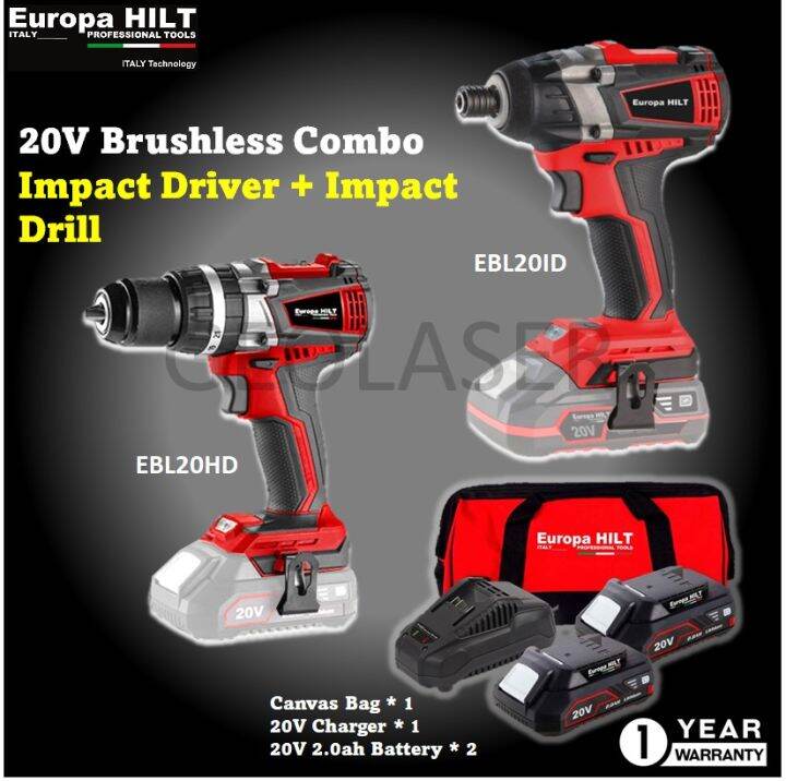 Europa Hilt 20V Brushless 2-Tools Combo of Hammer Drill Driver / Impact Driver / Impact Wrench ...