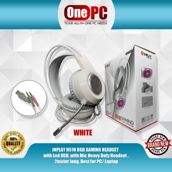 INPLAY H510 WHITE, RGB GAMING HEADSET with LED & Mic Heavy Duty Headset ...