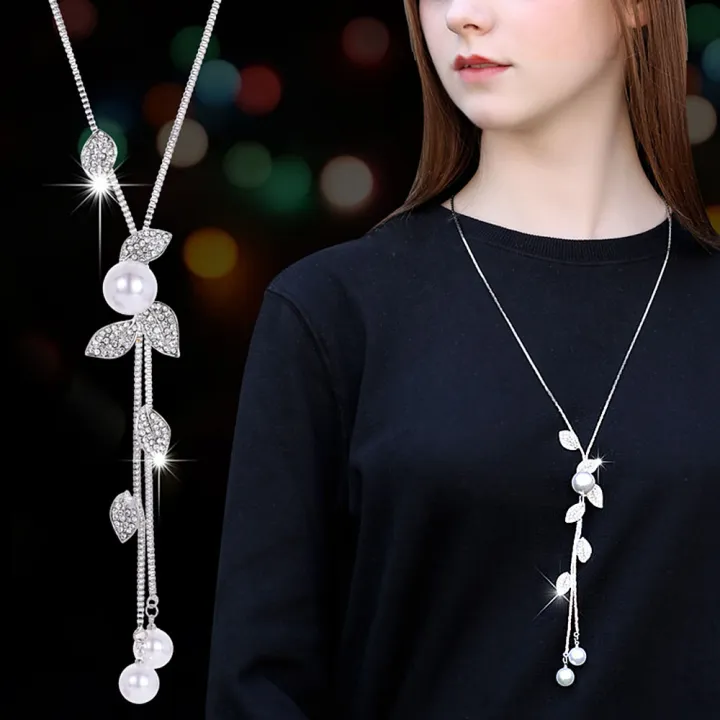 Iuy สร้อยคอไข่มุกแบบยาวหลายชั้น,เครื่องประดับแฟชั่นพร้อมจี้คริสตัลรูป ...