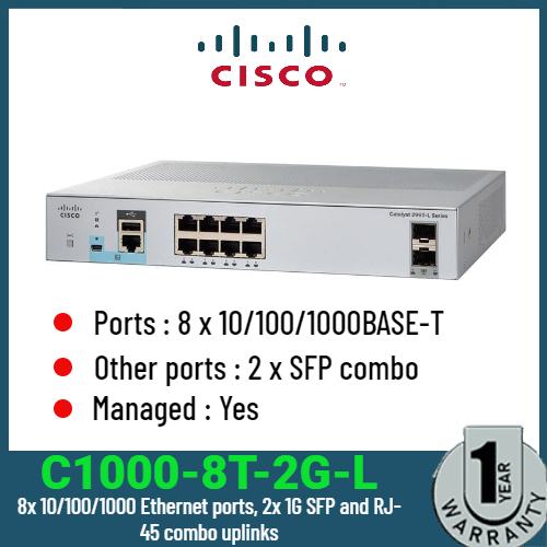 C1000-8T-2G-L Cisco Switch 8x 10/100/1000 Ethernet ports, 2x 1G SFP and ...