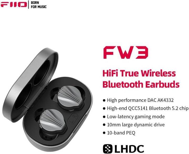 FiiO FW3 True Wireless Earbud, Bluetooth 5.2 LDAC/aptX Adaptive, 10mm Drivers with Big Bass, App ...