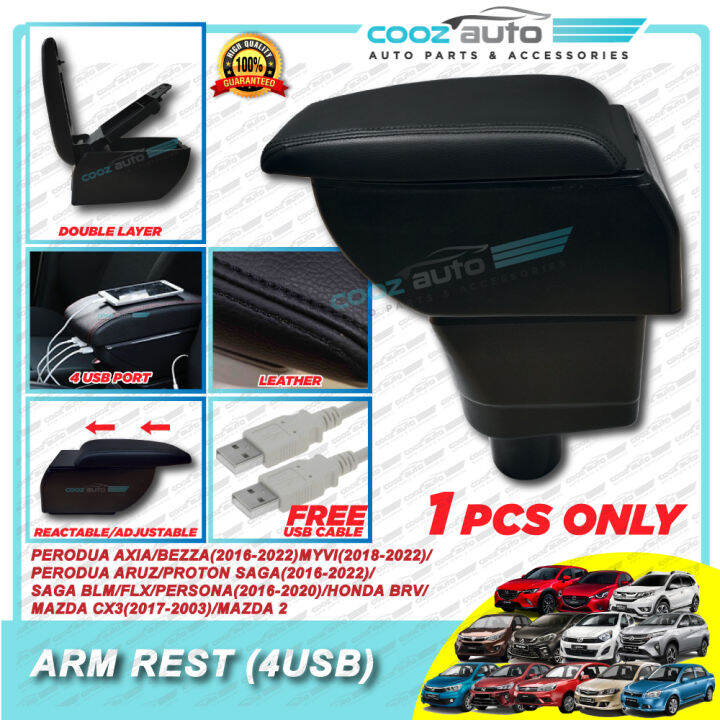 Armrest Double Layer Arm Rest 4 USB Console Black Leather Myvi Axia ...