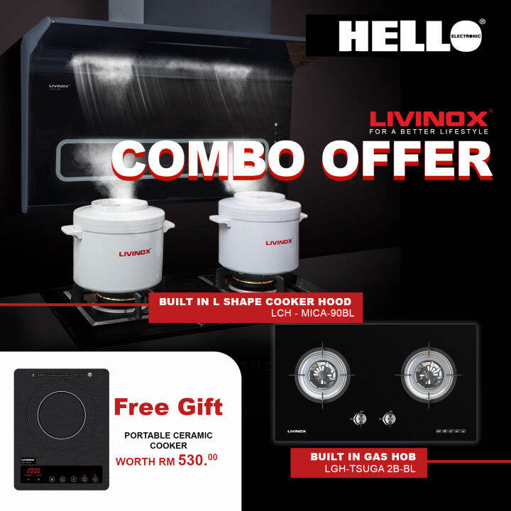 Livinox Built In L Shape Cooker Hood LCH-MICA-90BL & Built In Gas Hob ...