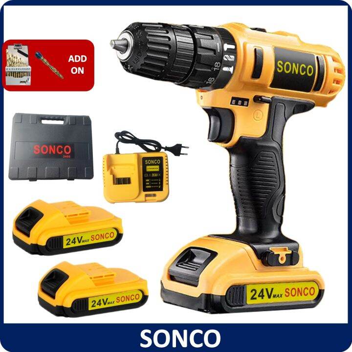 SONCO 24V Cordless 2 Battery Electric Hammer Drill Impact 2 Speed ...
