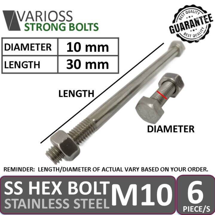 SS Hex Bolt, Size M10 or 10 mm diameter, 30 mm length with nuts ...