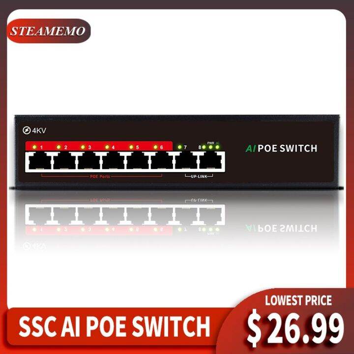 STEAMEMO AI Smart 6 Port POE Switch 48V 10/100Mbps 100W Built-In Power ...