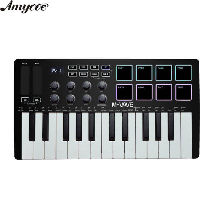 Midi Controller Keyboard 25 Key Ultra Portable Mini Arranger Keyboard Rgb Backlit Trigger Pads