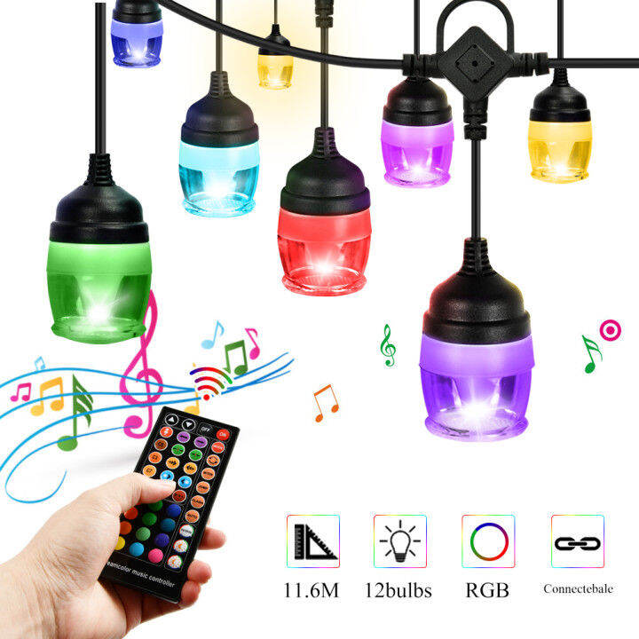 38FT LED String Lights 12Bulbs IP65 Waterproof Outdoor RGB String ...