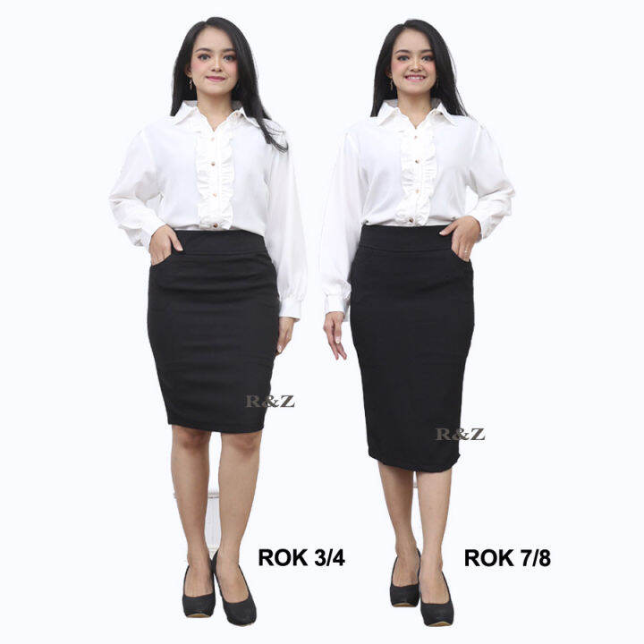 RZ Rok span hitam kerja kantor pendek selutut wanita dewasa polos jumbo ...