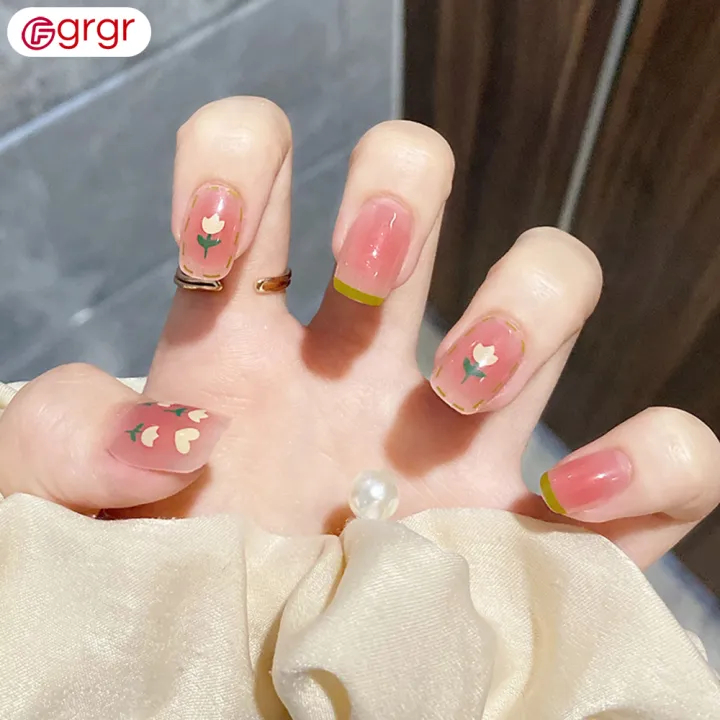 Fgrgr เล็บปลอมลายดอกไม้สีเหลืองเล็บสั้นกดบนเล็บสติกเกอร์เล็บมือสุดหรู ...