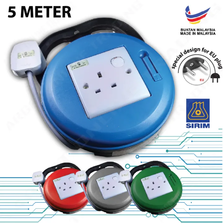 [SIRIM APPROVED] 5M Extension Round Wire Box Trailing Socket Cable Reel ...