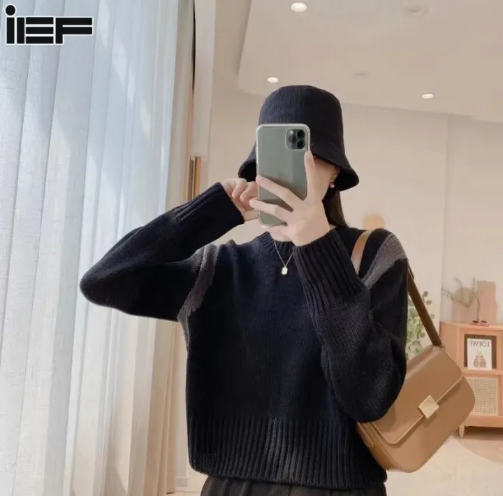 IEF 2022ผู้หญิง Retro Contrast สี Pullover เสื้อกันหนาวสไตล์เกาหลีอเนกประสงค์ถักเสื้อกันหนาวสั้น ...