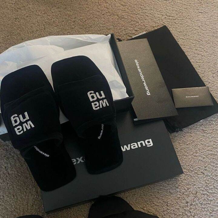 behe245 2022 Spring alexander wang Casual Slippers Square Rhinestone ...