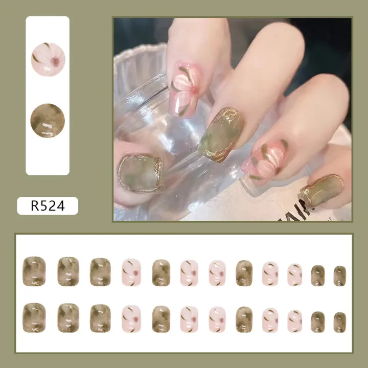 เล็บปลอมกันน้ำ【R524】เล็บปลอมทาสีแล้ว 24 ชิ้นต่อกล่อง เกาหลีใต้ เล็บปลอม ...