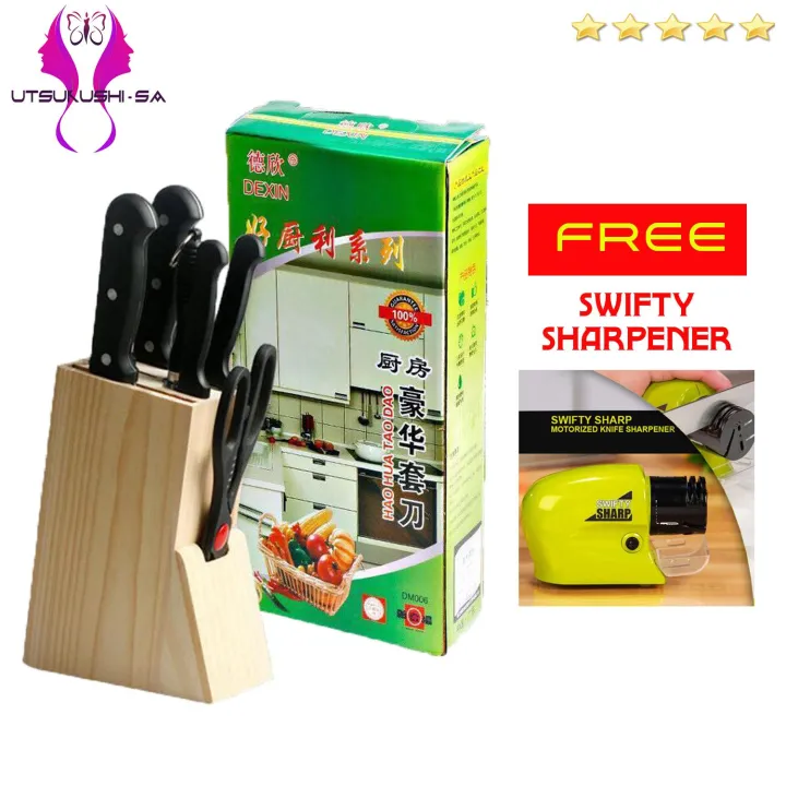 7 Stainless Steel Kitchen Knife Tools Set with Wooden Stand and FREE ...
