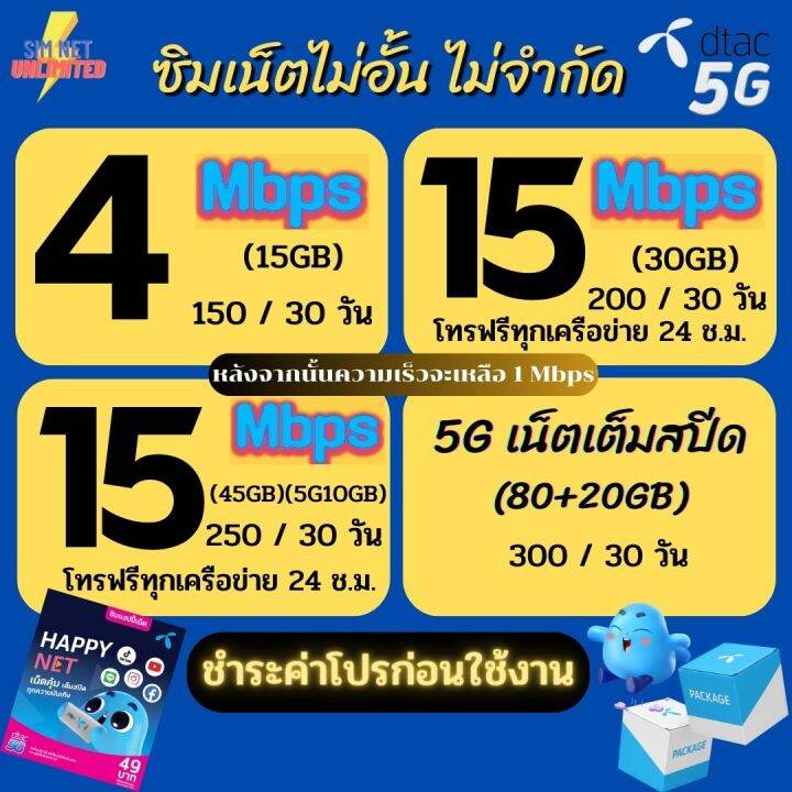 ซิมเทพ Dtac เน็ต 5G ความเร็ว 4 - 100Mbpsไม่จำกัด + โทรฟรีทุกเครือข่าย 24 ช.ม. ชำระค่าโปรก่อนใช้ ...