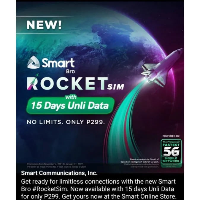 Smart Bro Rocket Sim 299 with Unli Data for 15days-Compatible with Regular, Micro, and Nano ...