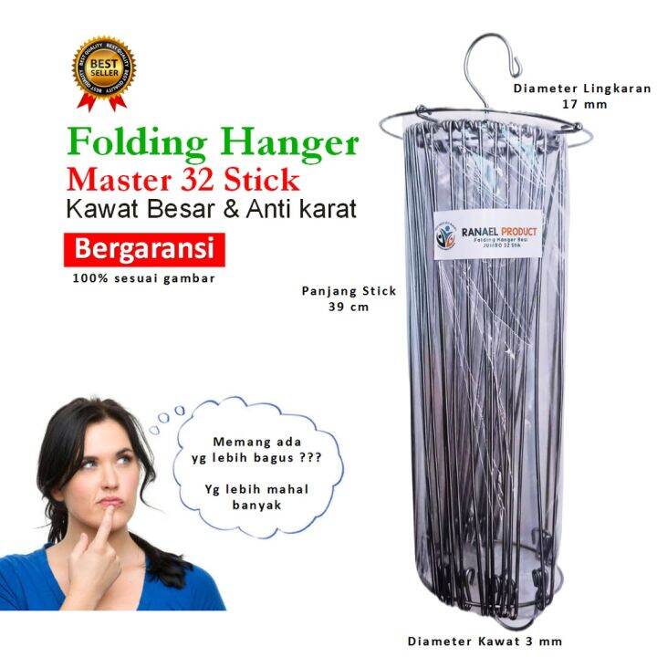 Folding Hanger 32 Stik Stick Besi Kawat Besar Gantungan Baju Bayi Popok ...