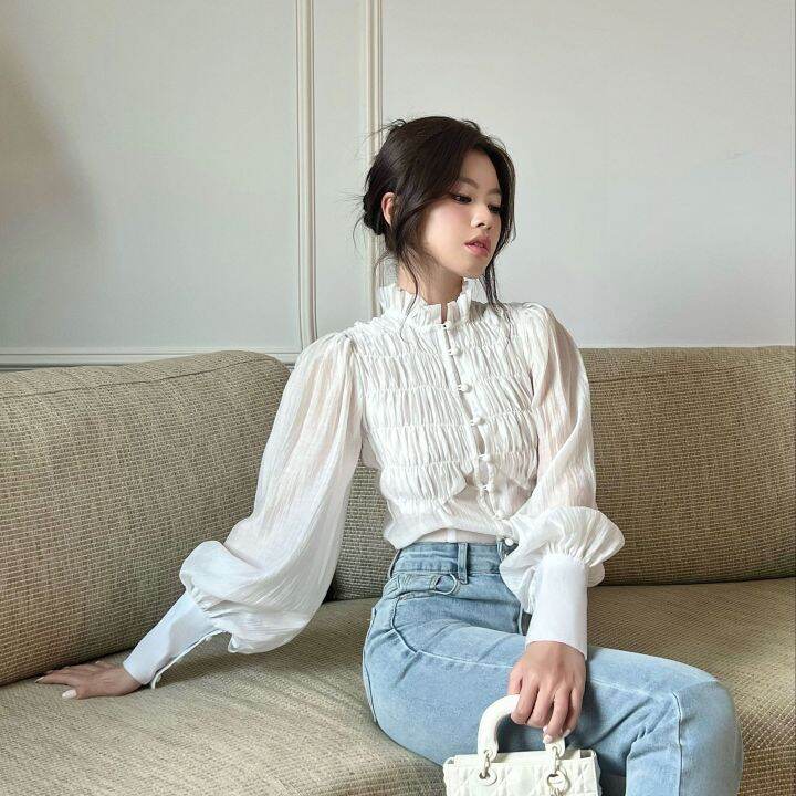 Sofia Shirt - Áo Sơ Mi Trắng Kiểu Nữ Cao Cổ Tay Bồng Phối Yếm Bo Chun Cúc Bọc Vải Tiểu Thư Thanh ...
