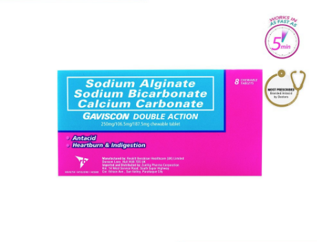 Gaviscon Double Action 250 mg / 106.5 mg / 187.5 mg 8 Chewables Tablets ...