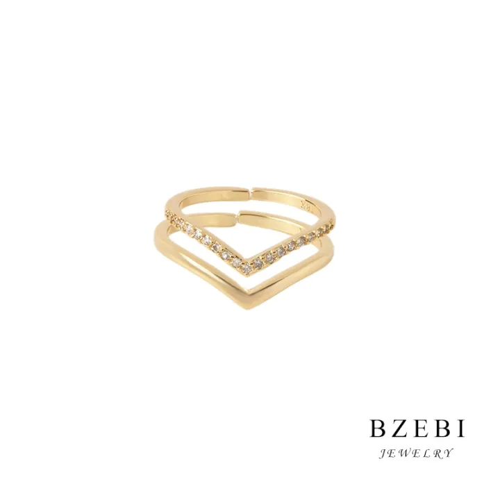 BZEBI 18K Gold Plated V-Shape Ring V Ring Adjustable Full Diamond ...