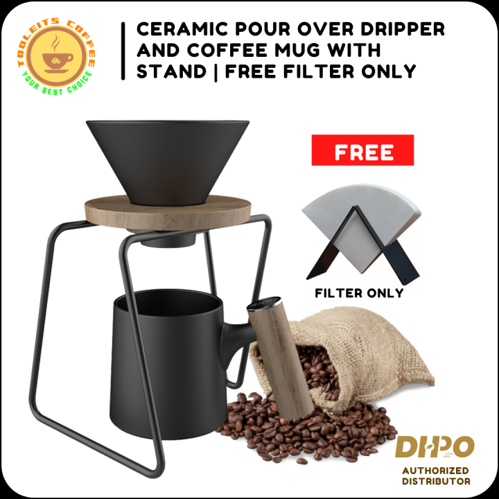 Ceramic Pour Over Dripper and DHPO Ceramic Coffee Mug with Wooden ...