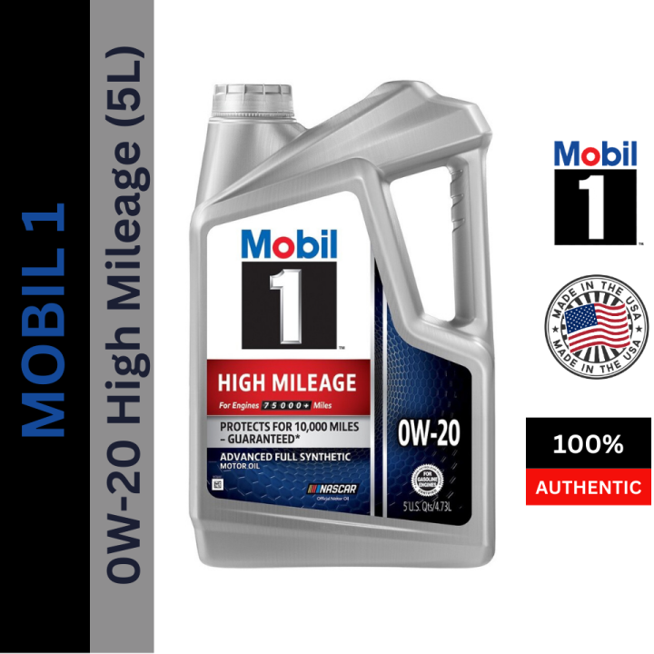 Mobil 1 High Mileage 0w20 Fully Synthetic Engine Oil 4.73L (ORIGINAL ...