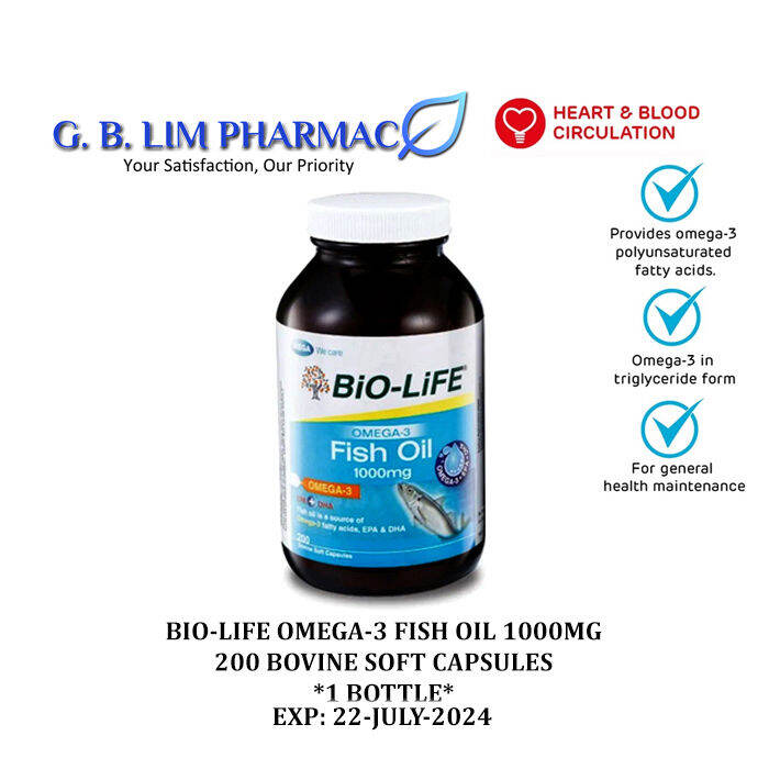 BIO-LIFE OMEGA-3 FISH OIL 1000MG 200 CAPSULES ONE BOTTLE (EXP: 22-JULY ...