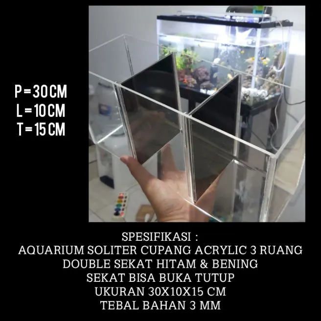 AQUARIUM 30X10X15 CM/3MM - SOLITER CUPANG ACRYLIC 3 RUANG - DOUBLE ...