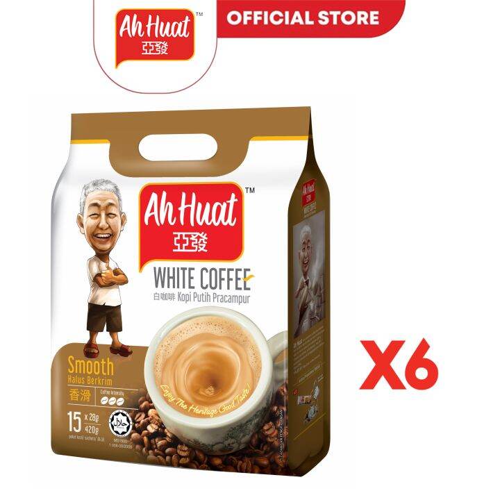 [6 Packs] Ah Huat 3 in 1 White Coffee Smooth 28g X 15 Sachets 亚发香滑白咖啡 ...