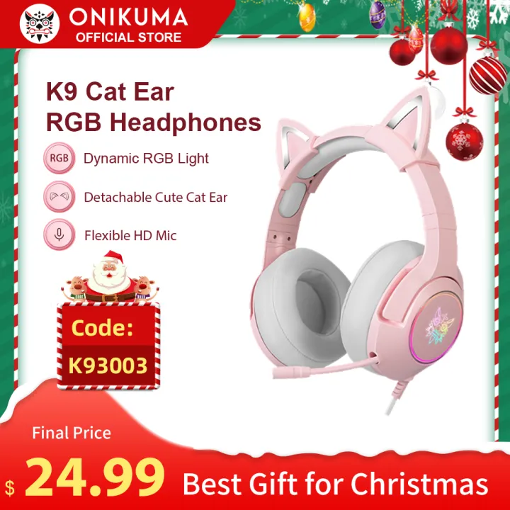 ONIKUMA K9 Pink Cat Ear Headphones with RGB LED Light Flexible Mic ...