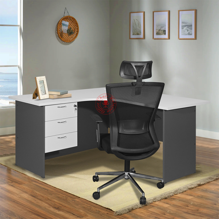 L Shape Table with Fixed Pedestal / Office Desk / Writing Table / Meja ...